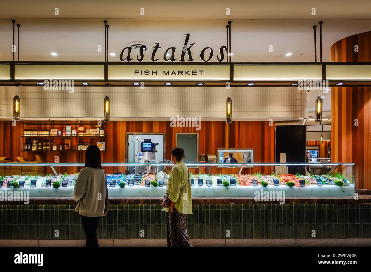 Astakos fish market selling fresh seafood inside a luxury shopping mall ...