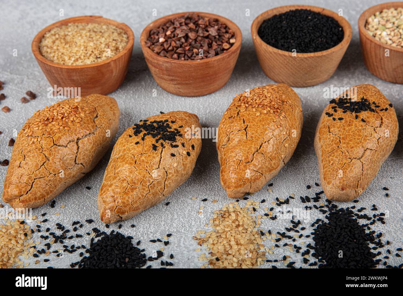 Gluten free food. Various snacks made with buckwheat flour on wooden ...