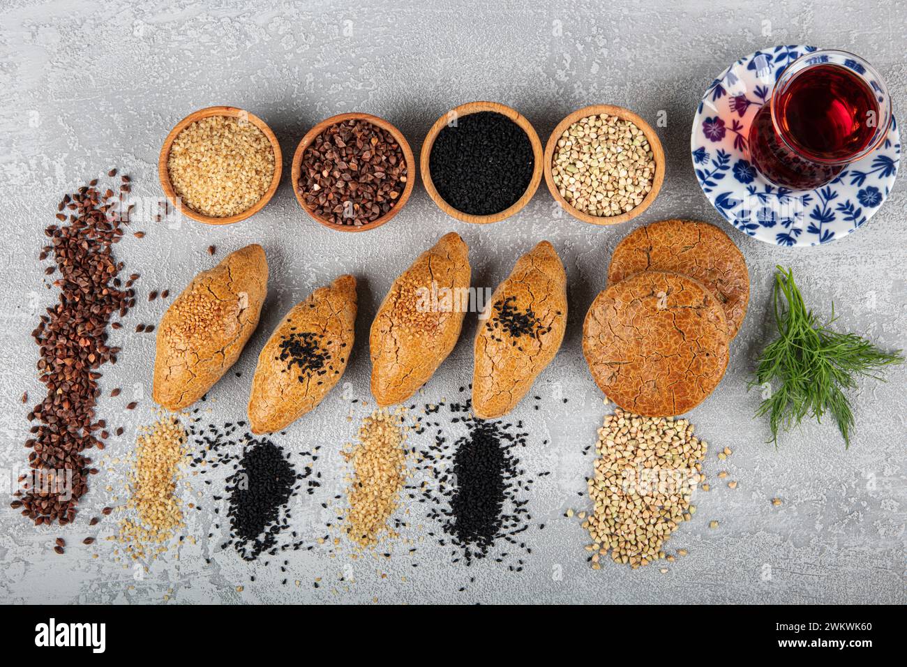 Gluten free food. Various snacks made with buckwheat flour on wooden ...