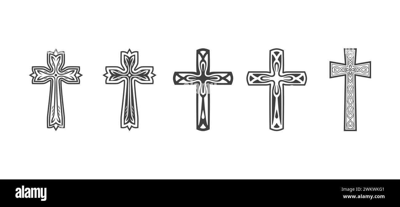 Flat Vector Black Christian Cross Icons Set Isolated on a White ...