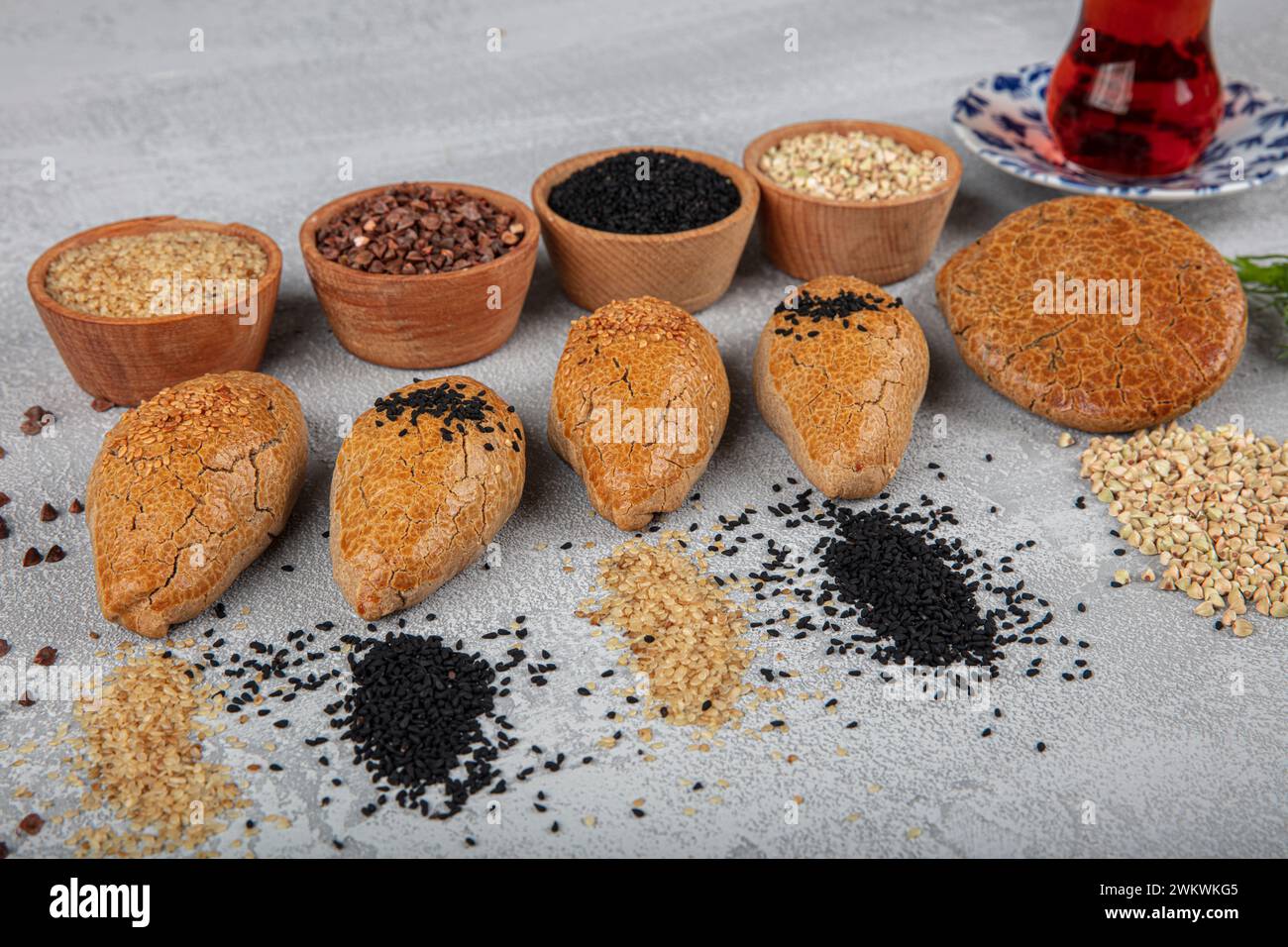 Gluten free food. Various snacks made with buckwheat flour on wooden ...