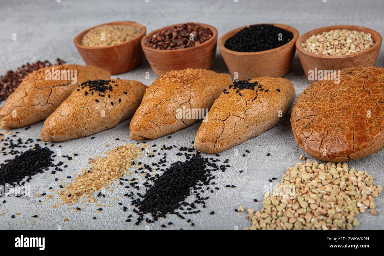 Gluten free food. Various snacks made with buckwheat flour on wooden ...