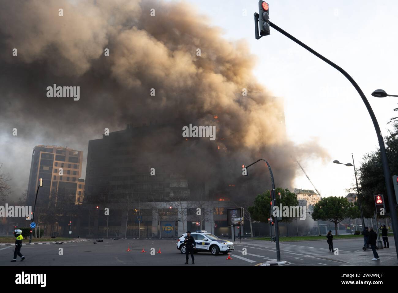 Valencia, Spain - February 22, 2024: Fire in a 14-story residential ...