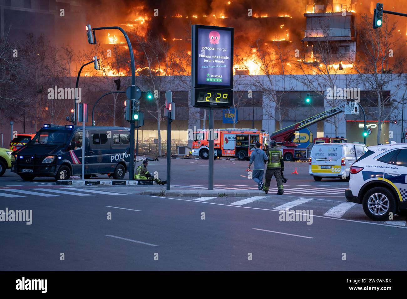 Valencia, Spain - February 22, 2024: Exhausted firefighters after ...