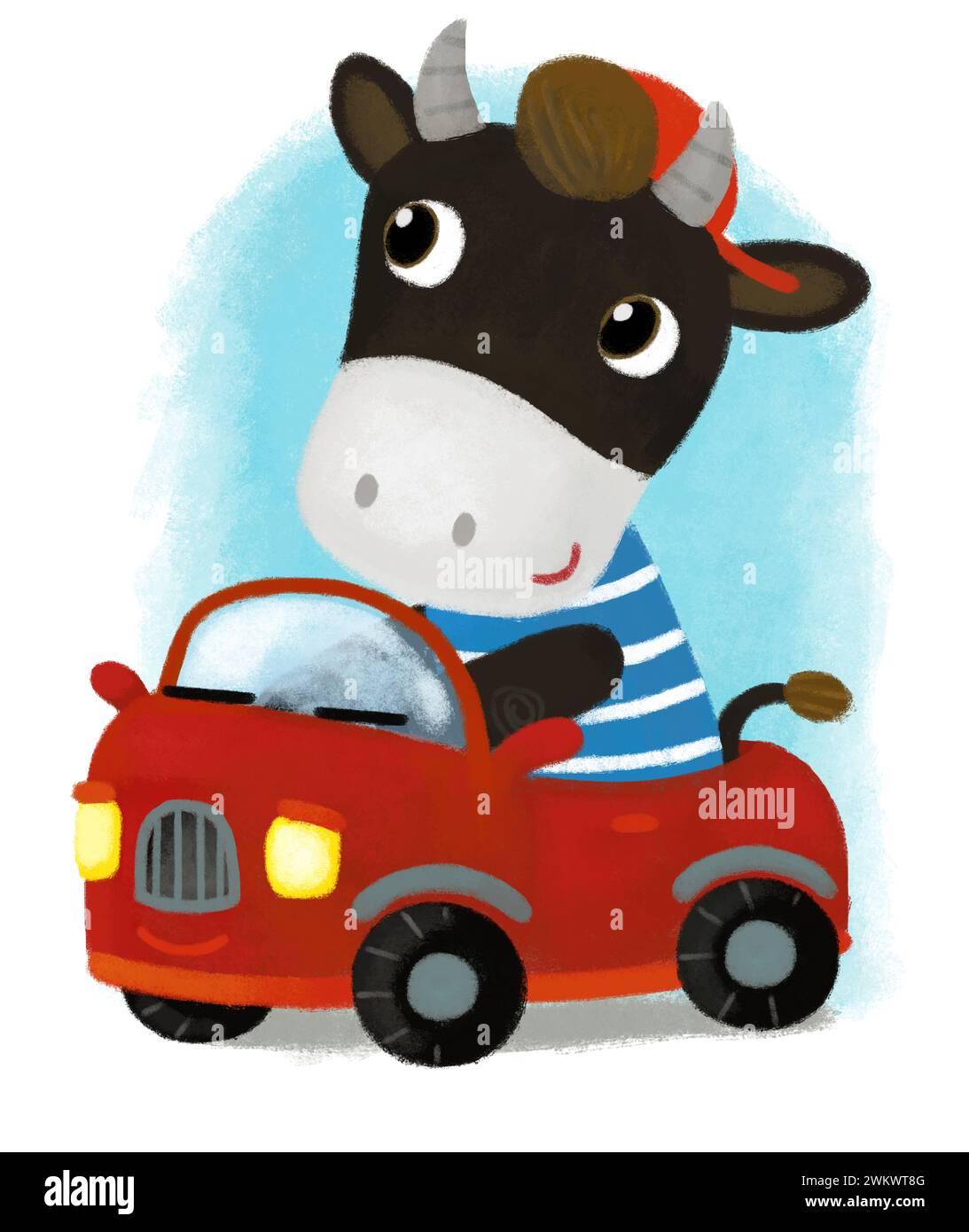 cartoon scene with farm cow bull boy child driving car transportation ...