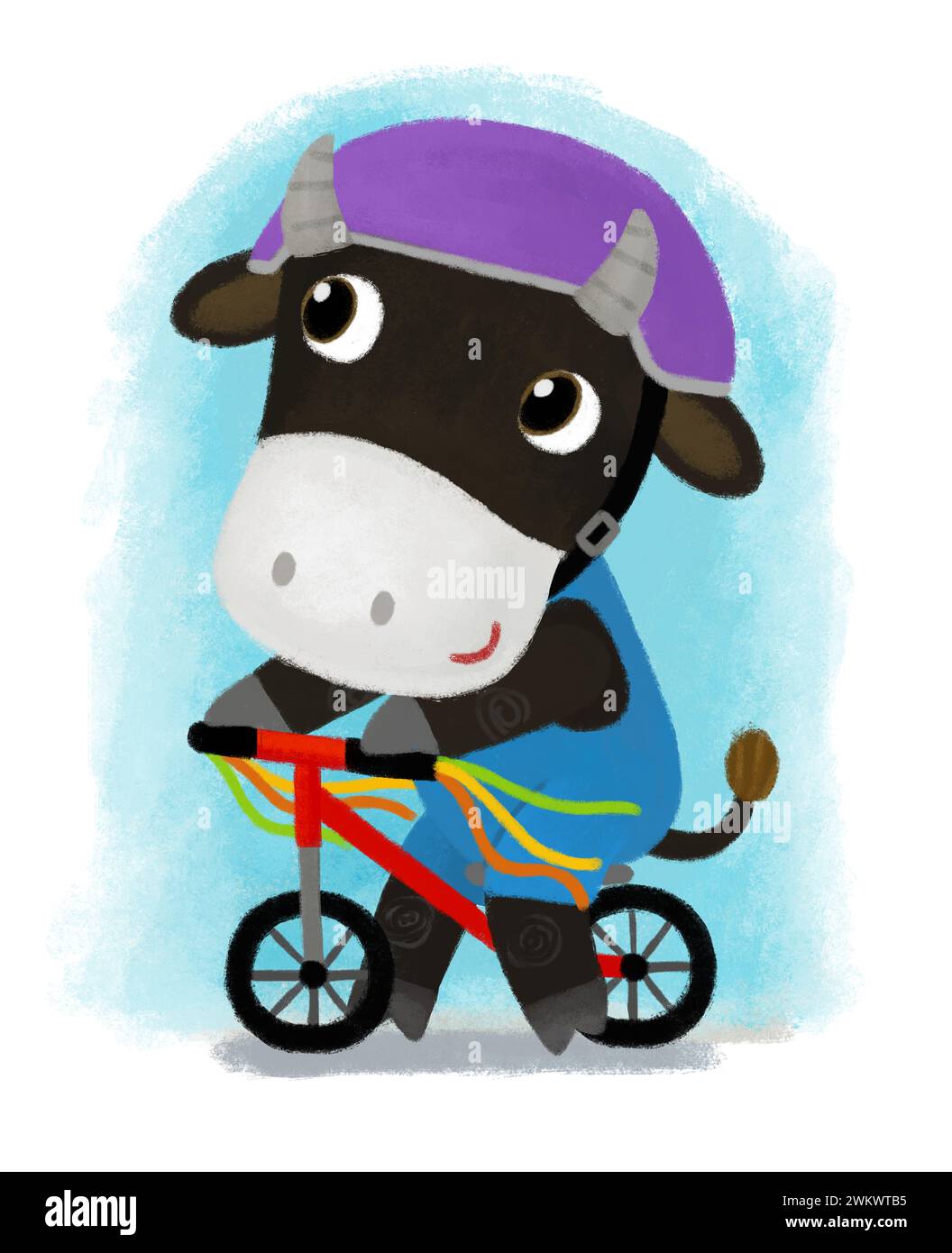 cartoon scene with farm boy cow bull riding on a bicycle illustration ...