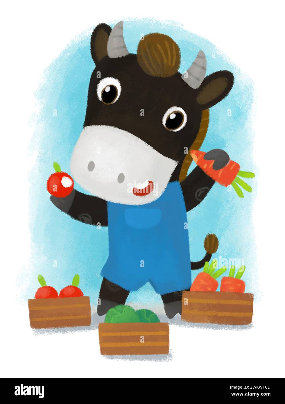 cartoon scene with farmer boy cow bull animal holding food or trying to ...