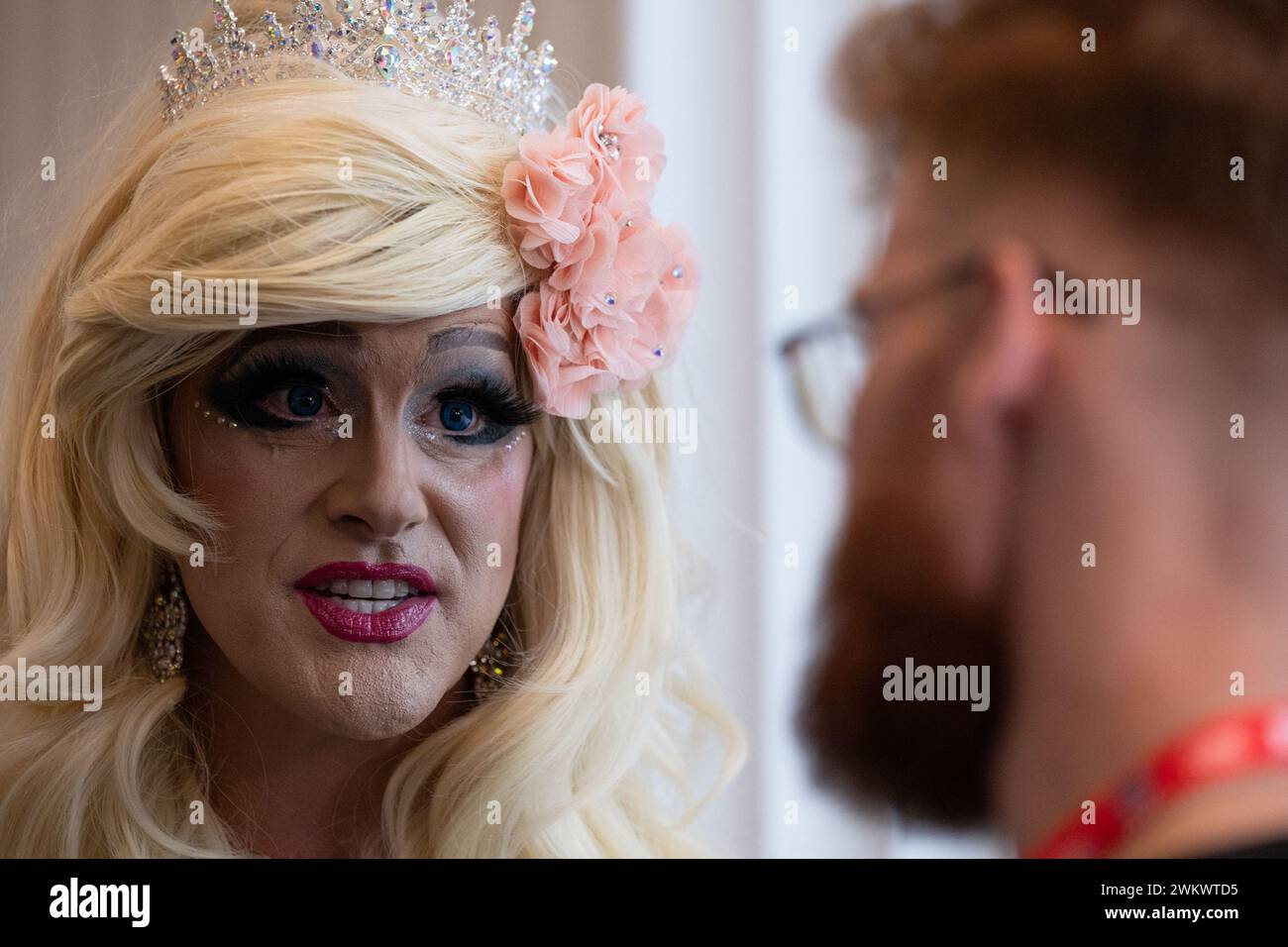 Drag queen Lady MAGA, AKA Ryan Woods, is interviewed at the 2024 ...
