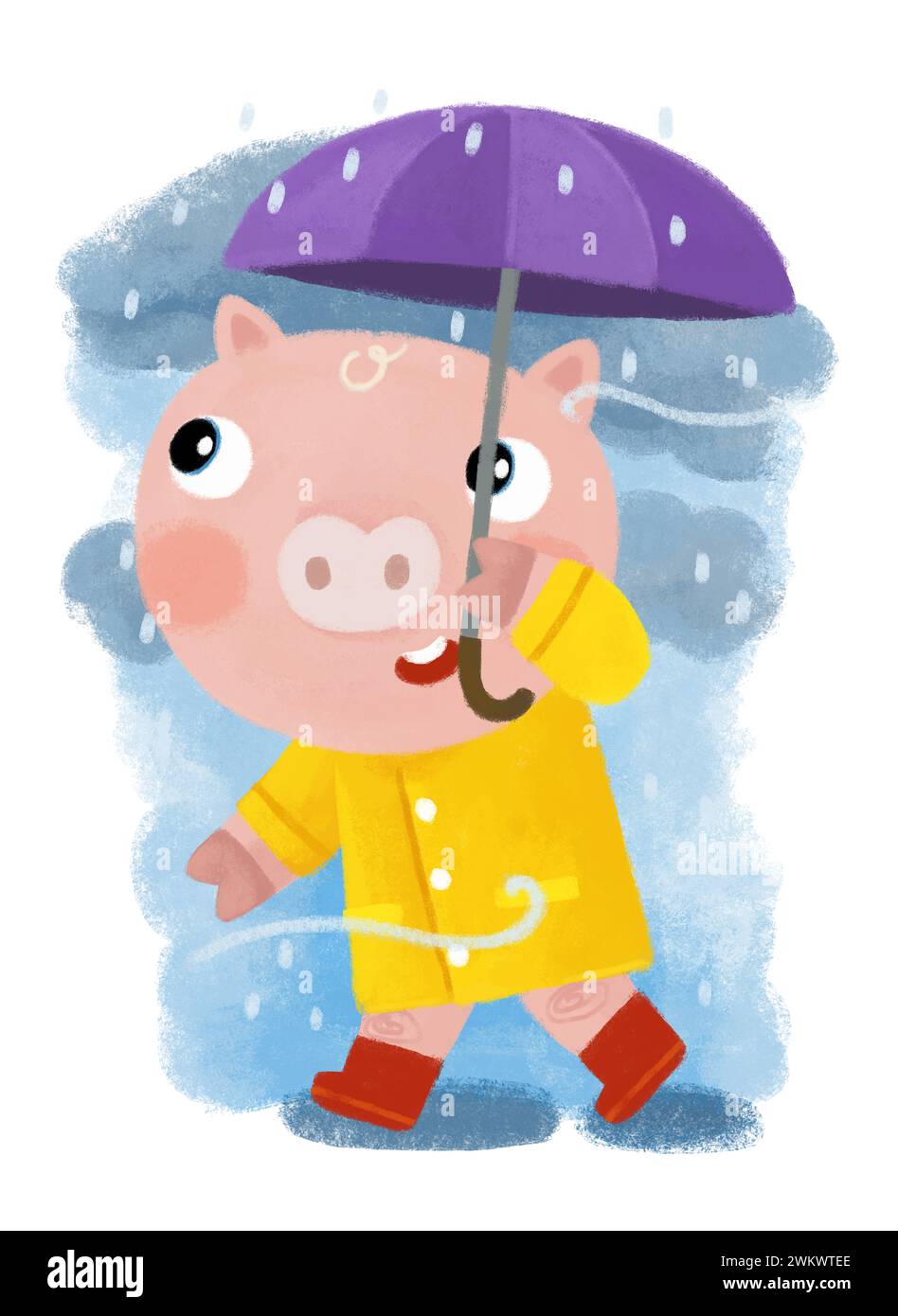 cartoon scene with happy farmer pig boy on the trip with umbrella in ...