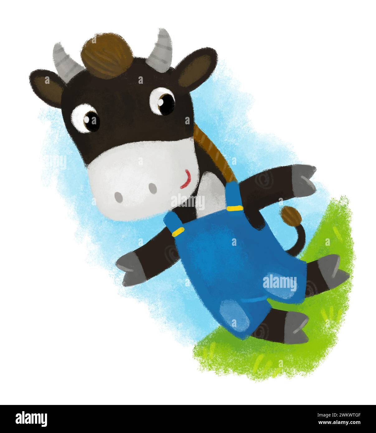 cartoon scene with happy farmer ranch cow bull running in dungarees on ...