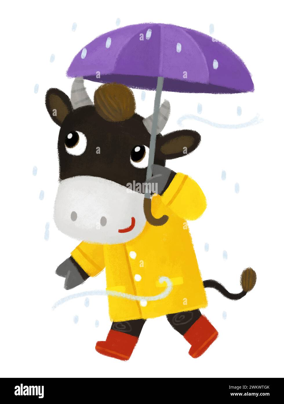 cartoon scene with happy farmer cow on the trip with umbrella in the ...