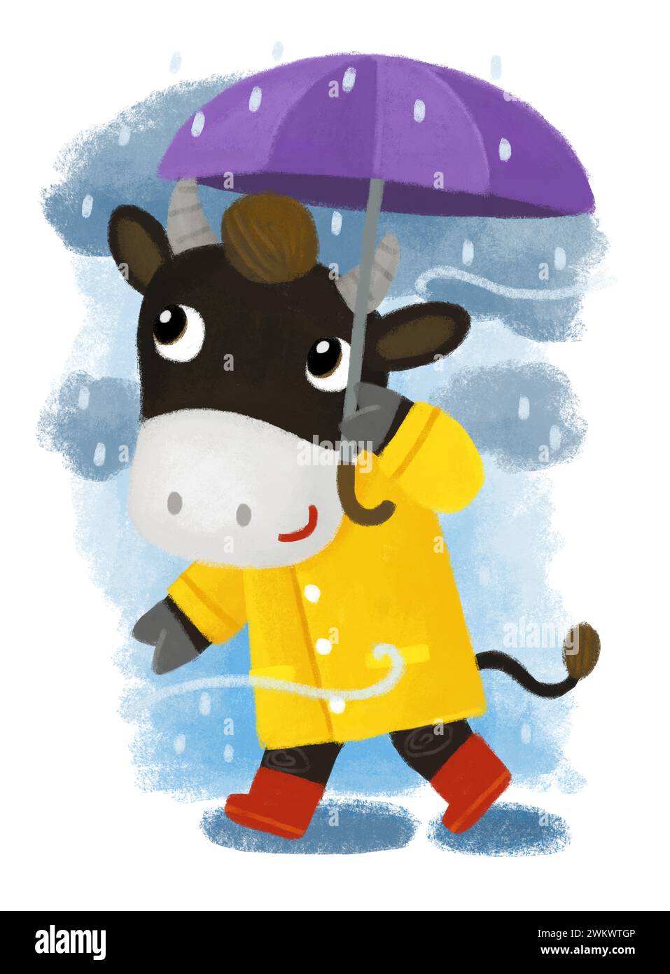 cartoon scene with happy farmer cow on the trip with umbrella in the ...