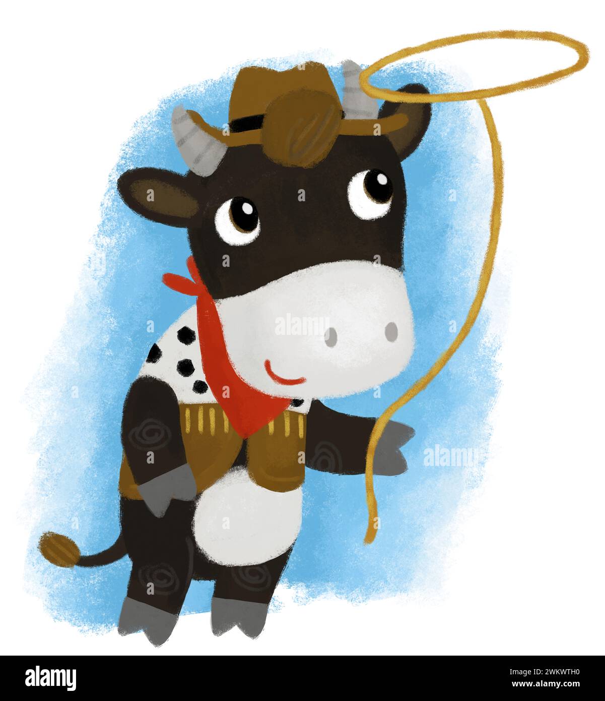 cartoon scene with happy farmer ranch cow bull holding rope and making ...