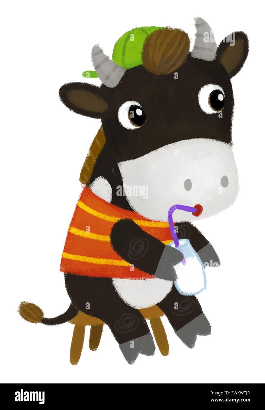 cartoon scene with happy farmer ranch cow bull sitting in dungarees and ...