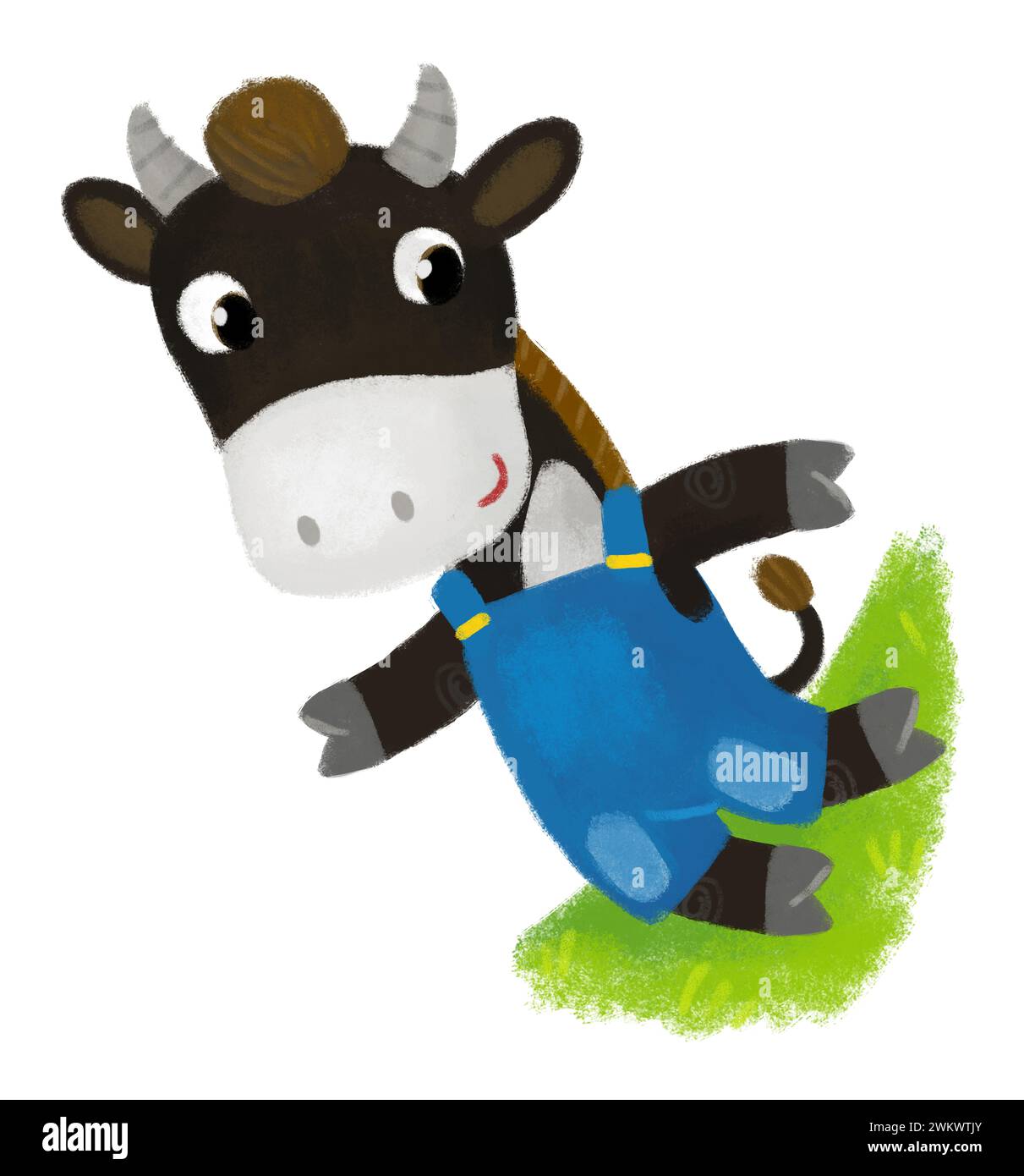 cartoon scene with happy farmer ranch cow bull running in dungarees on ...