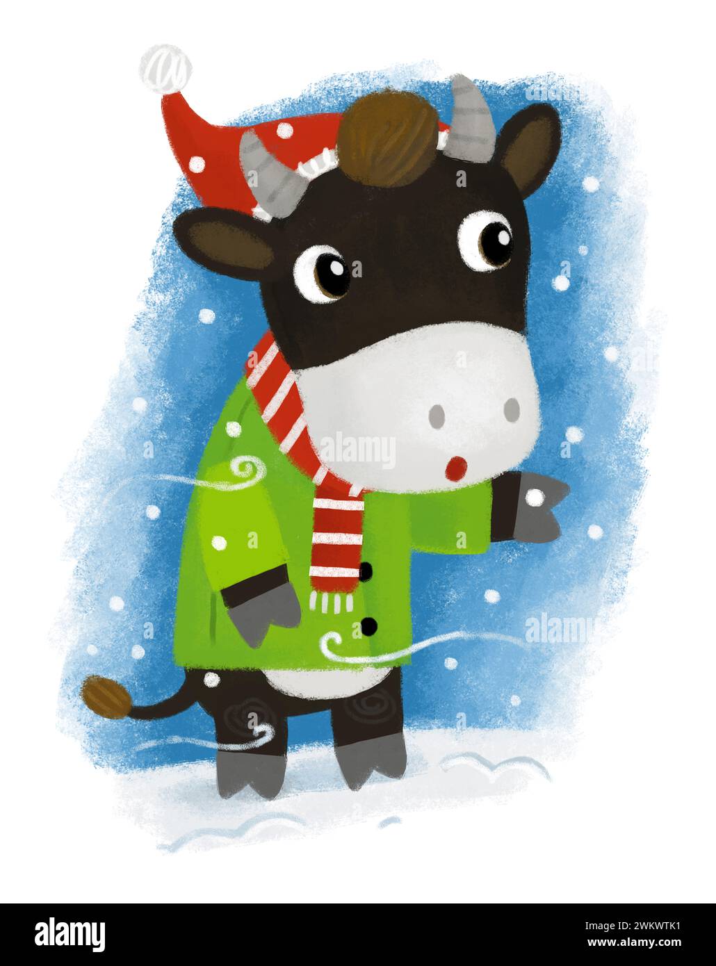 cartoon scene with happy little cow on the snow having fun in the ...