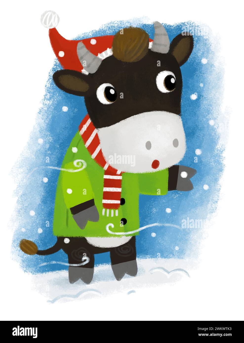 cartoon scene with happy little cow on the snow having fun in the ...