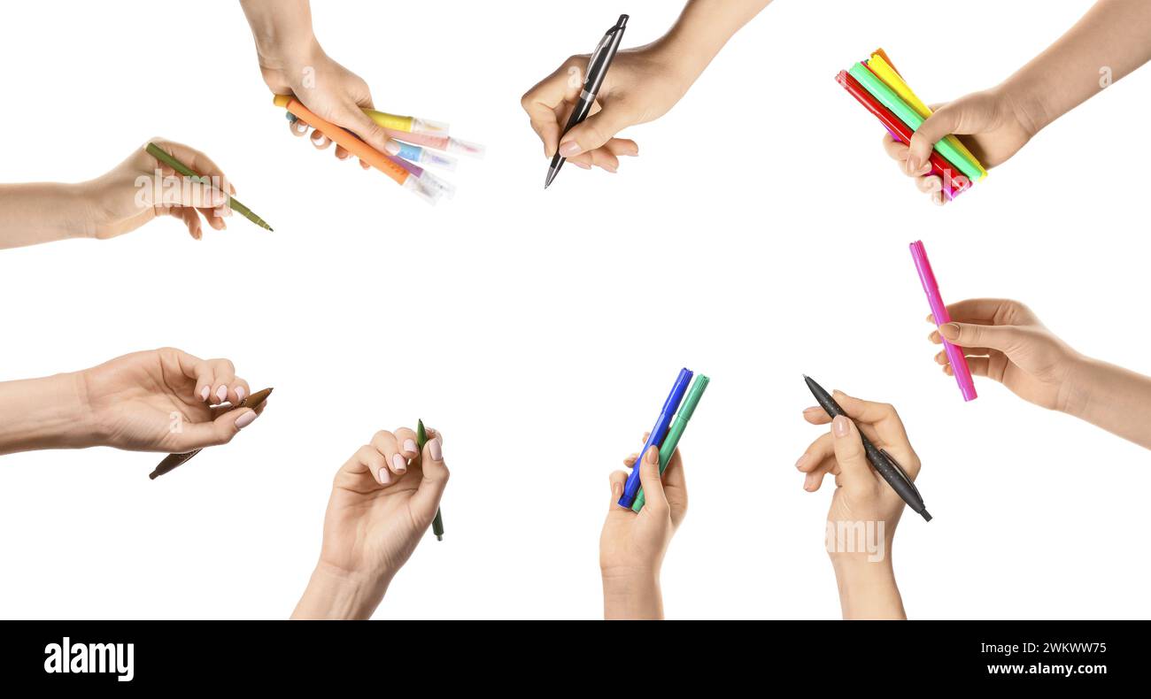 Set of hands holding pens and markers on white background Stock Photo ...