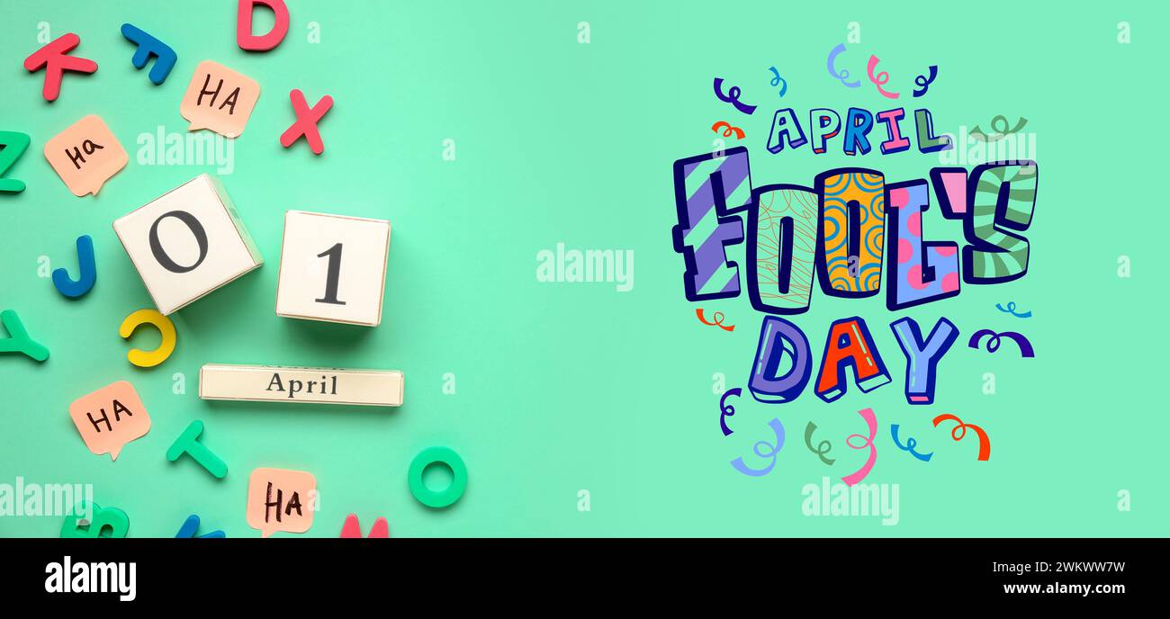 Date APRIL 1 and many letters on mint background. Banner for April ...