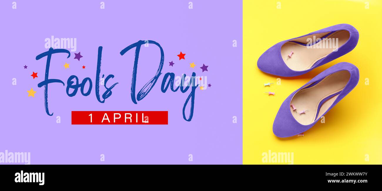 Shoes with pins on color background. Banner for April Fools' Day Stock ...