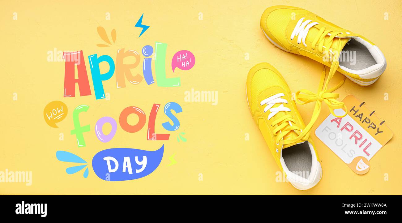 Shoes with tied laces on yellow background. Banner for April Fools' Day ...