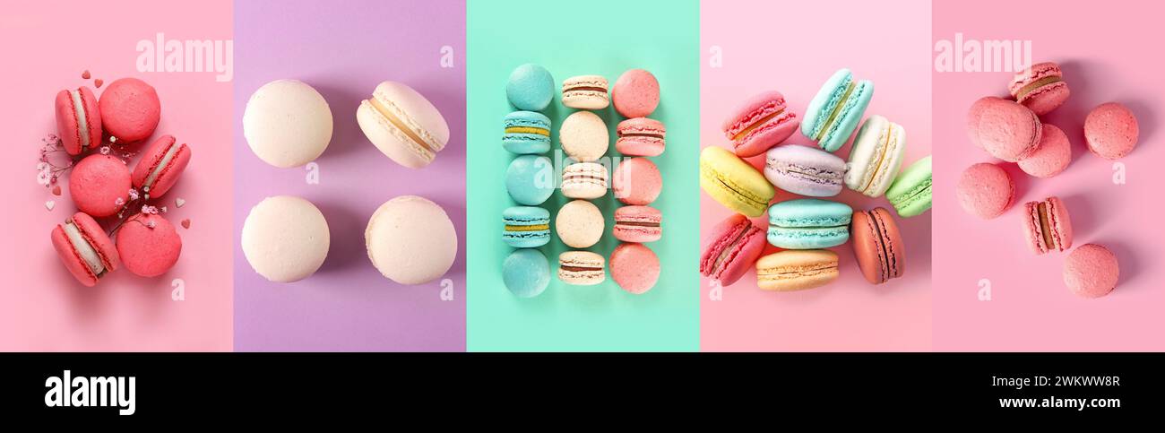 Collage with many different macarons on color background, top view ...