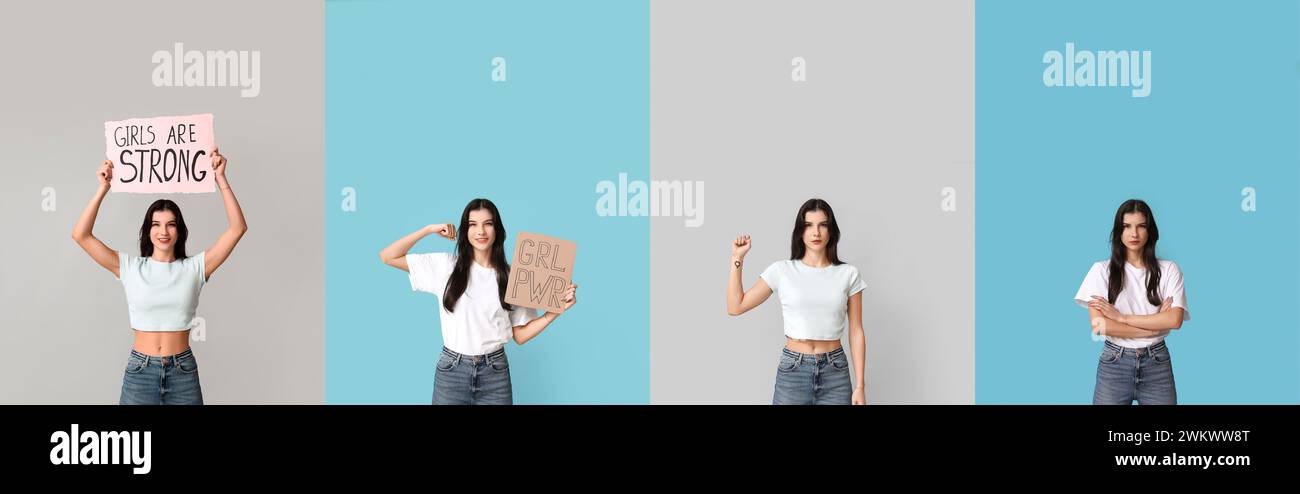 Collage of young feminist on grey and blue backgrounds. Concept of Girl ...