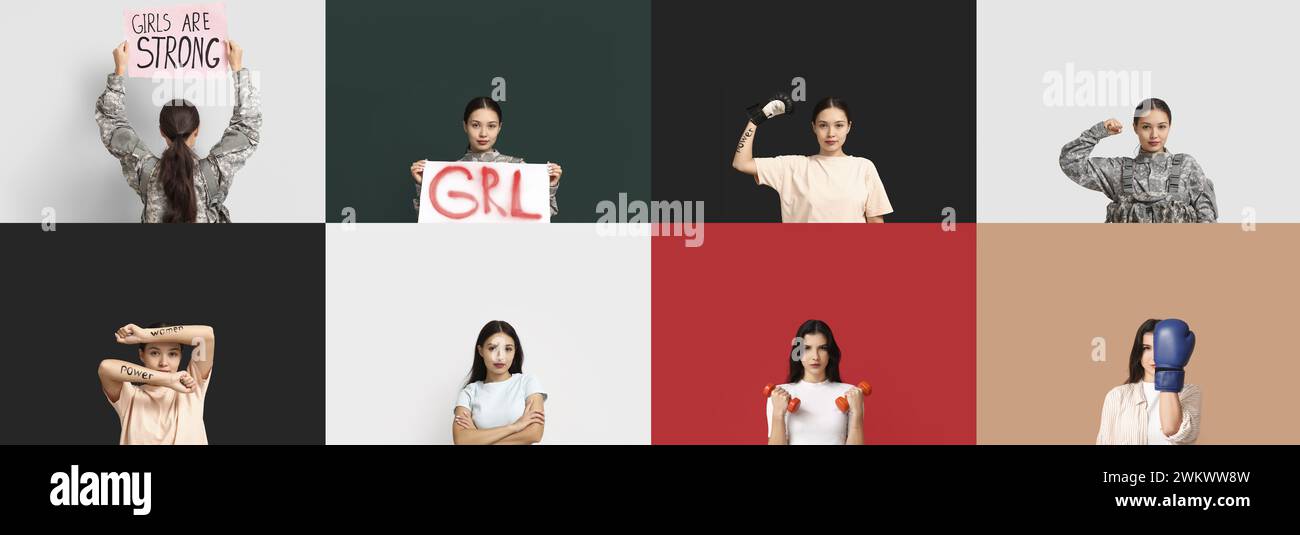 Collage of young feminists on color background. Concept of Girl Power ...