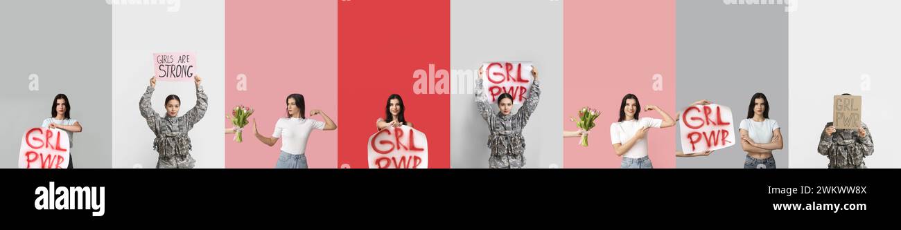 Collage of young feminists on color background. Concept of Girl Power ...