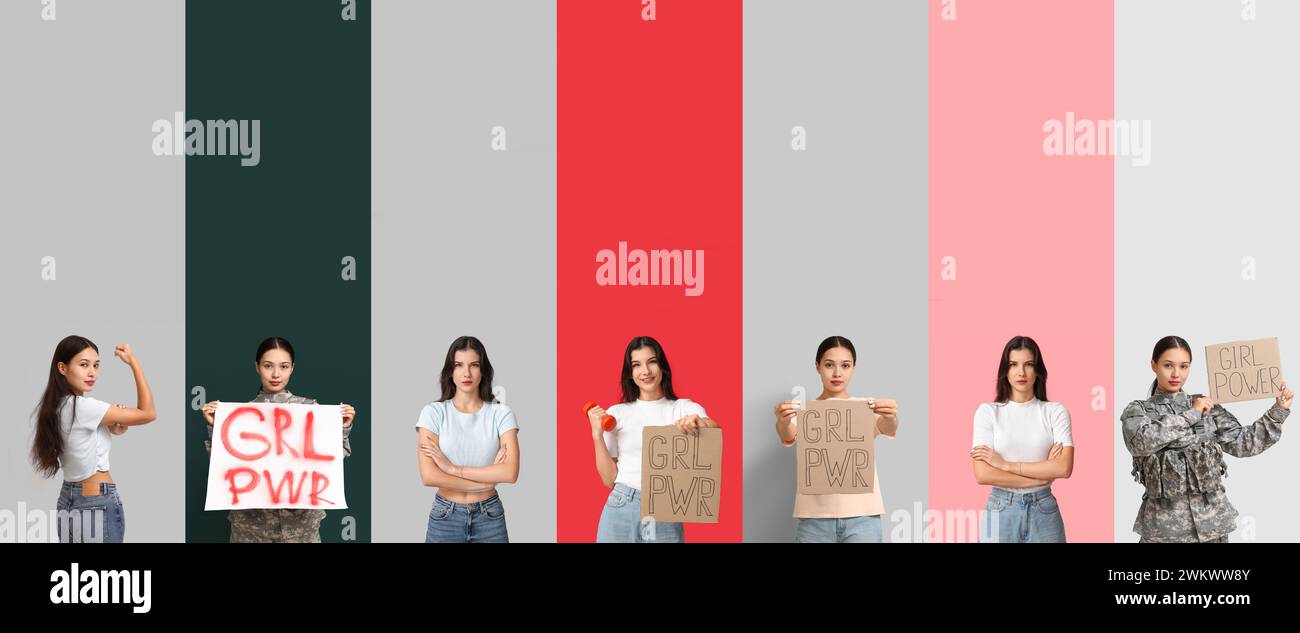 Collage of young feminists on color background. Concept of Girl Power ...