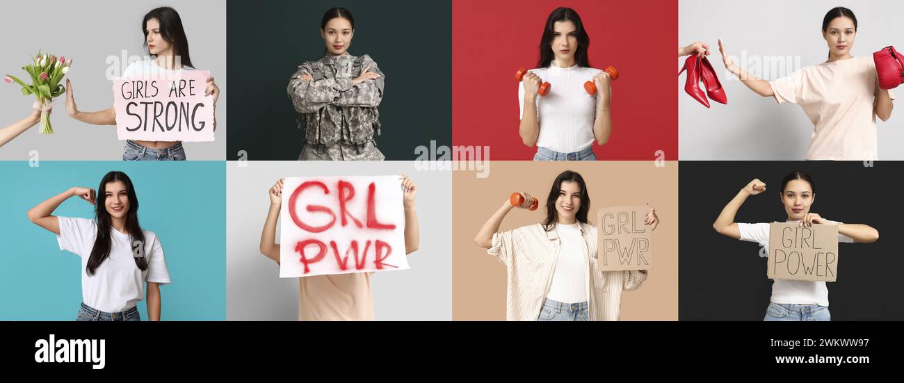 Collage of young feminists on color background. Concept of Girl Power ...