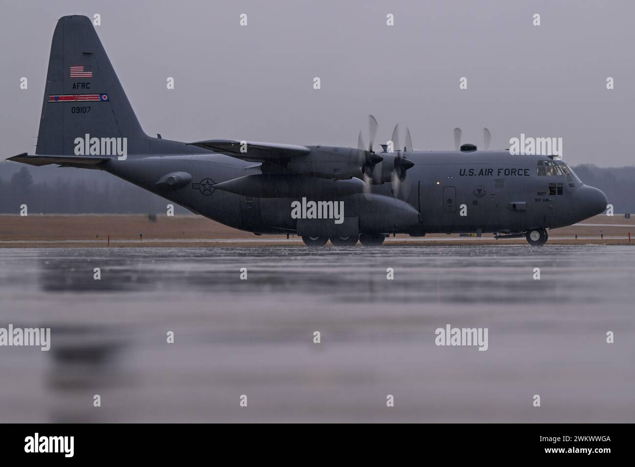 A C-130H Hercules aircraft assigned to the 910th Airlift Wing taxis on ...