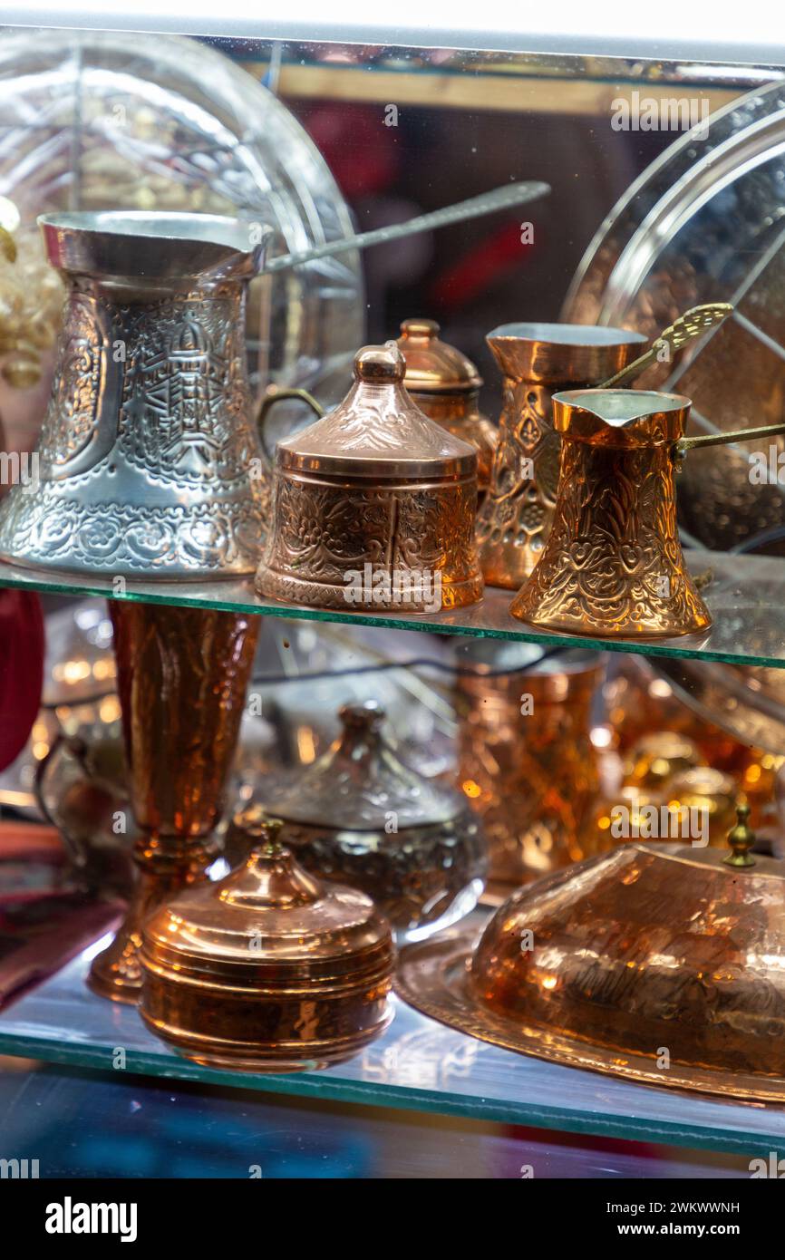 Copper Turkish coffee pots called cezve sold at Bascarsija, the central ...