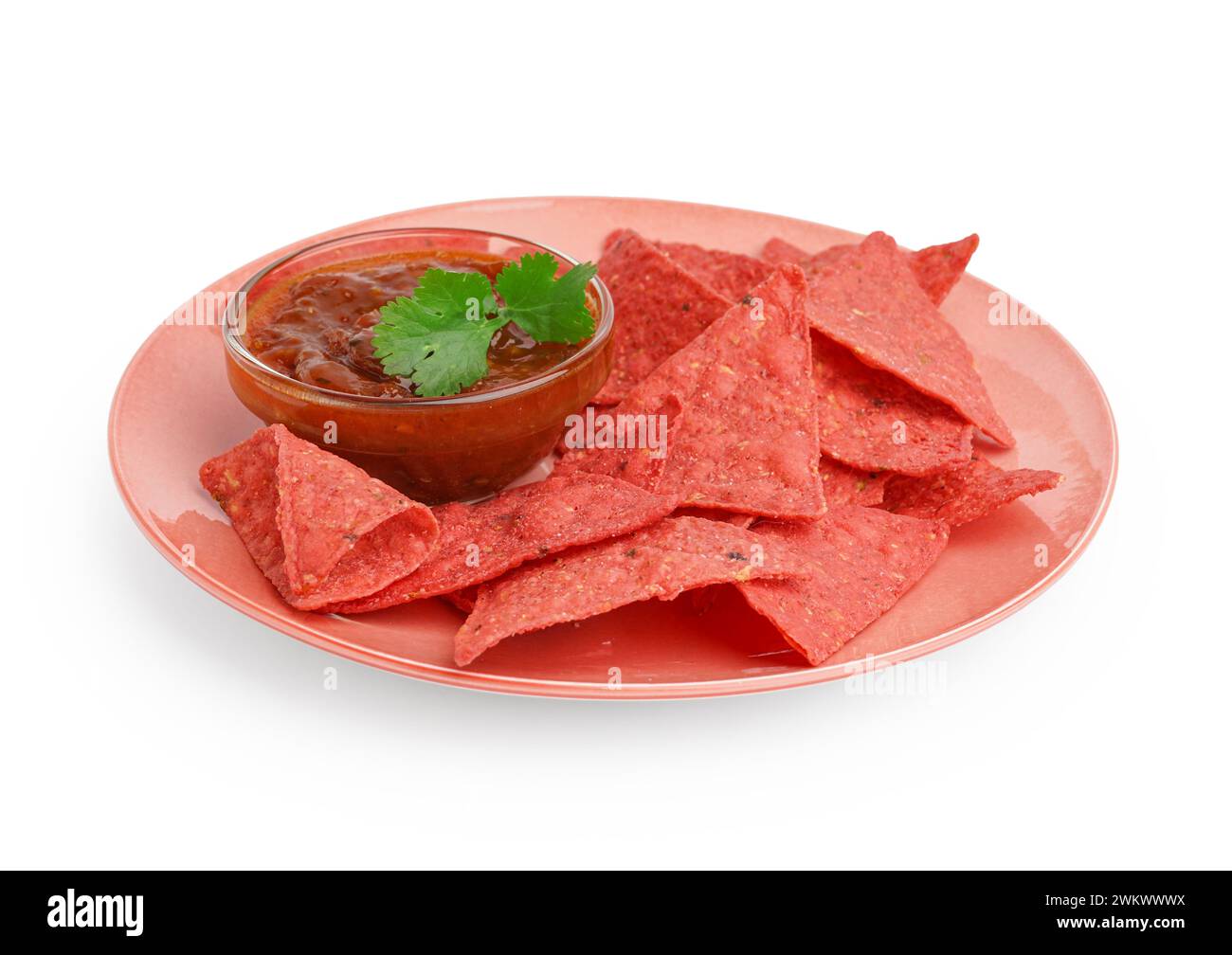 Plate with tasty red nachos and salsa sauce on white background Stock ...