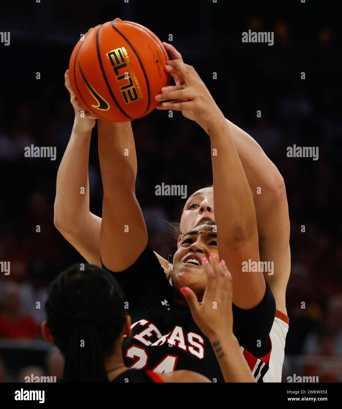 February 21, 2024: Texas forward Taylor Jones (44) grabs a rebound from ...