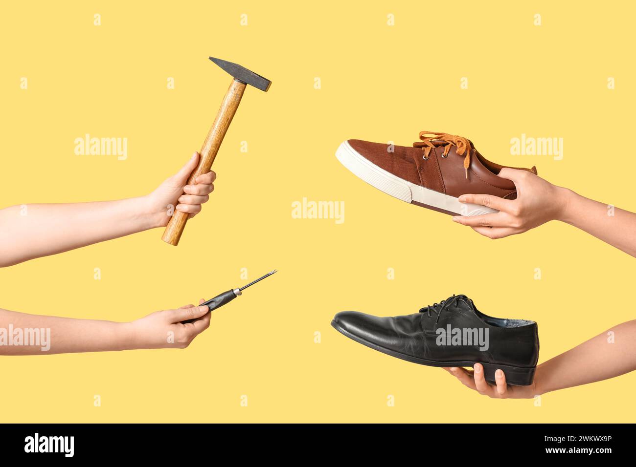 Female hands with shoes, hammer and craft tool on yellow background ...