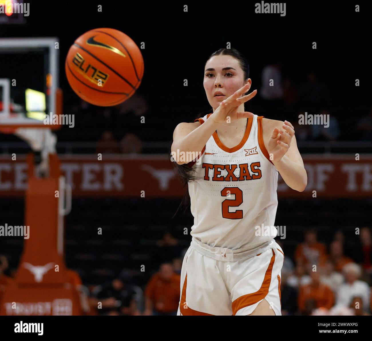 February 21, 2024: Texas guard Shaylee Gonzales (2) passes the ball ...