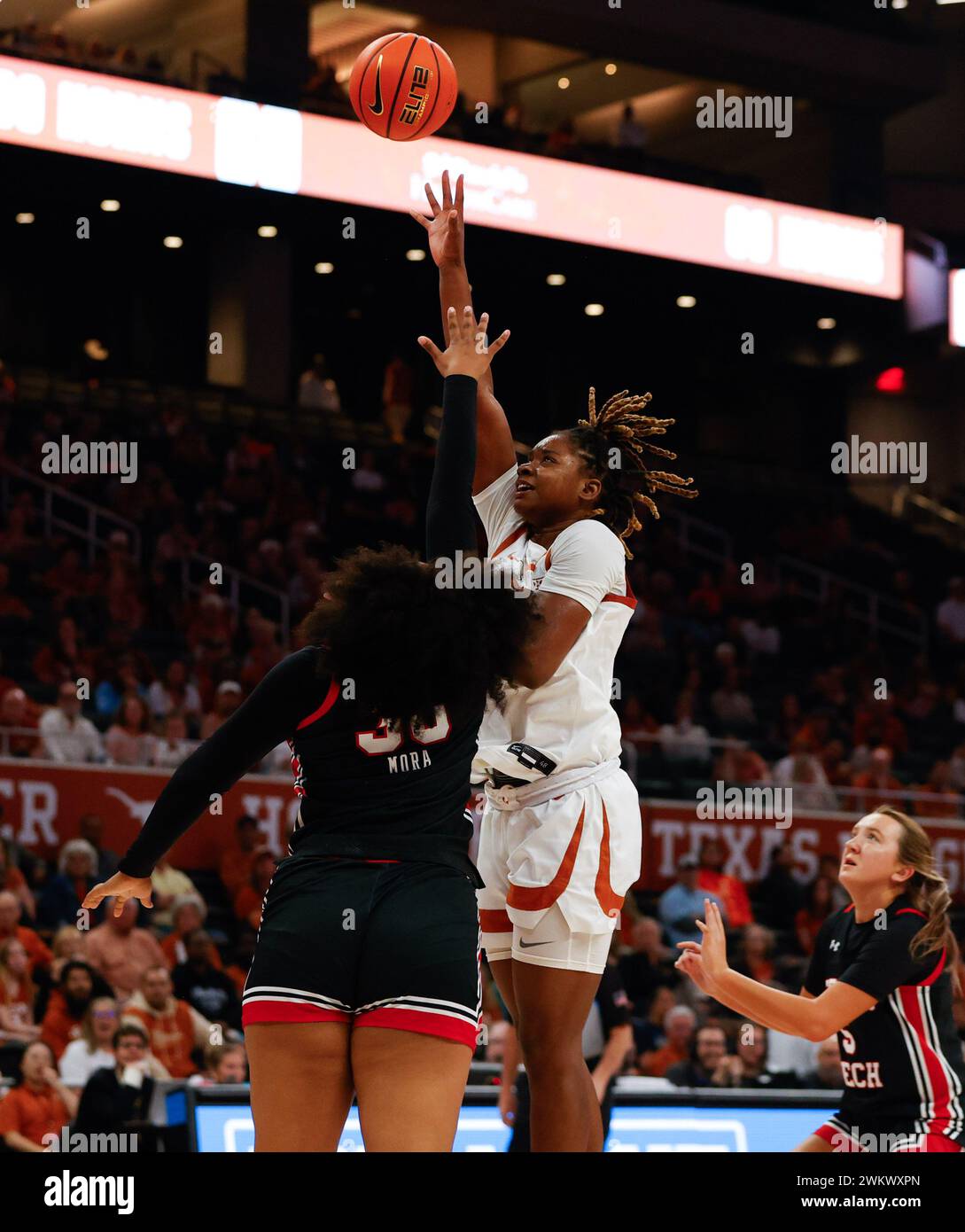 February 21, 2024: Texas forward DeYona Gaston (5) shoots the ball over ...