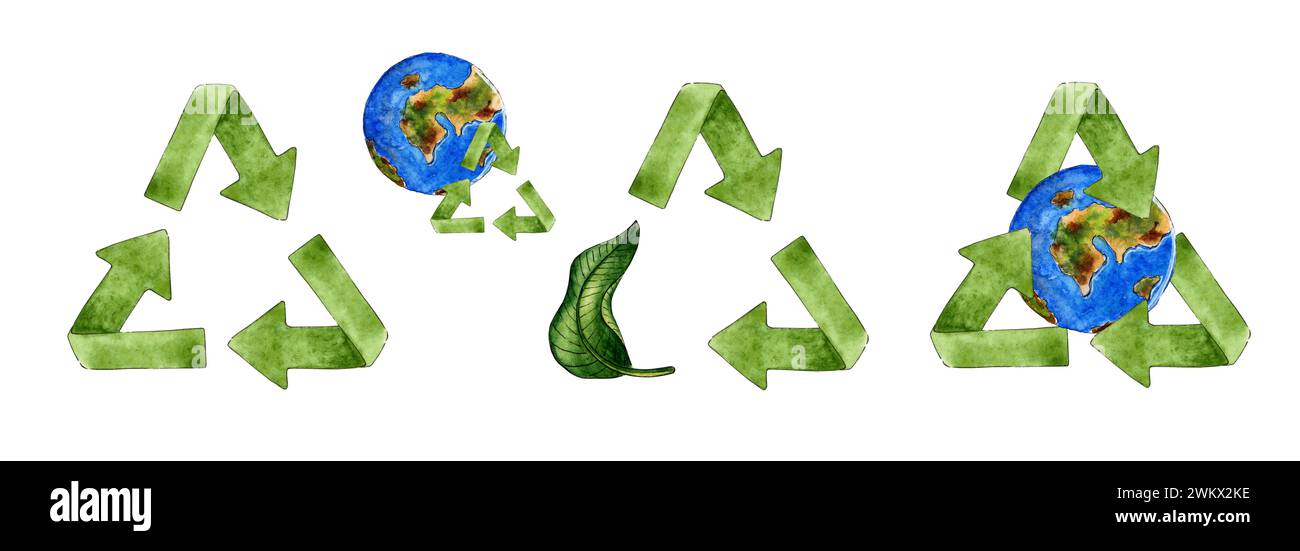 Watercolor illustration set of various garbage recycling signs ...