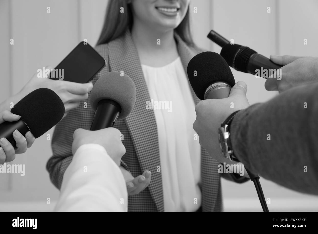 Businesswoman giving interview to journalists indoors, closeup. Black ...
