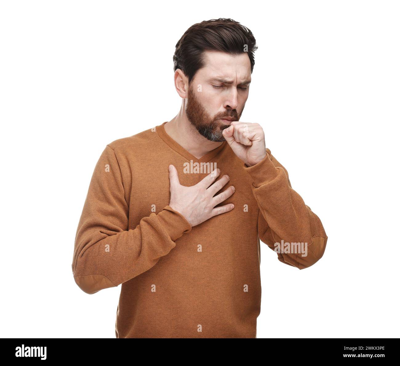Sick man coughing on white background. Cold symptoms Stock Photo - Alamy