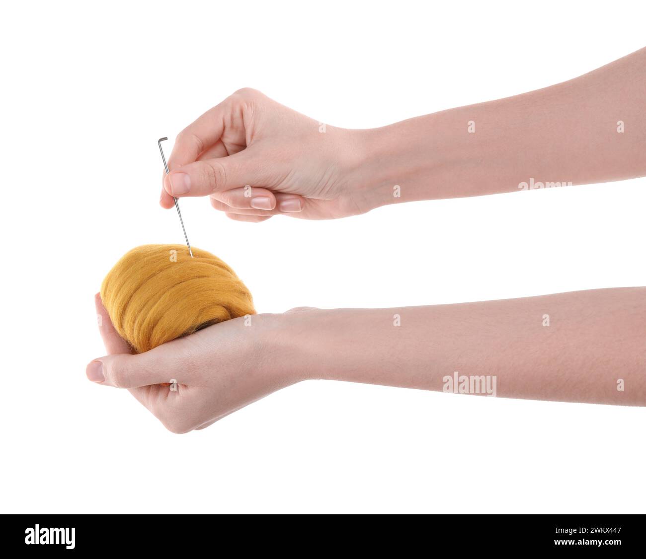Woman needle felting from wool on white background, closeup Stock Photo ...