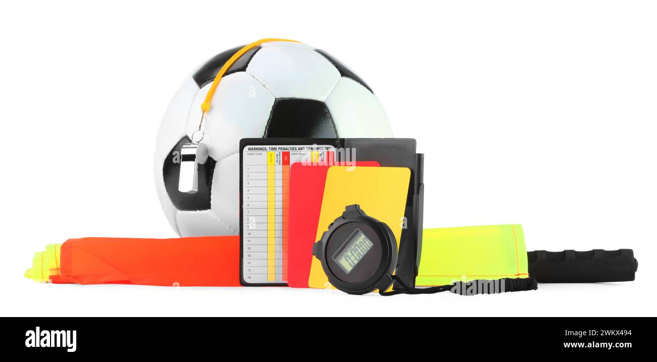 Soccer ball and different referee equipment isolated on white Stock ...