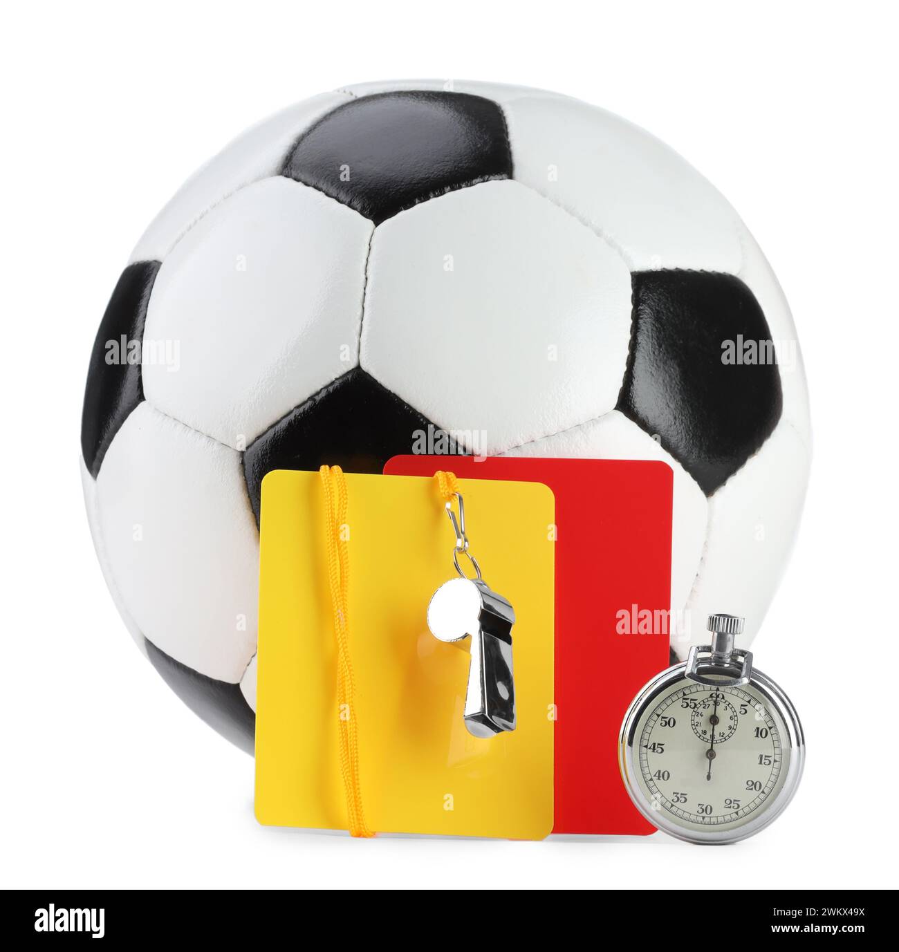 Referee equipment. Soccer ball, whistle, stopwatch and cards isolated ...
