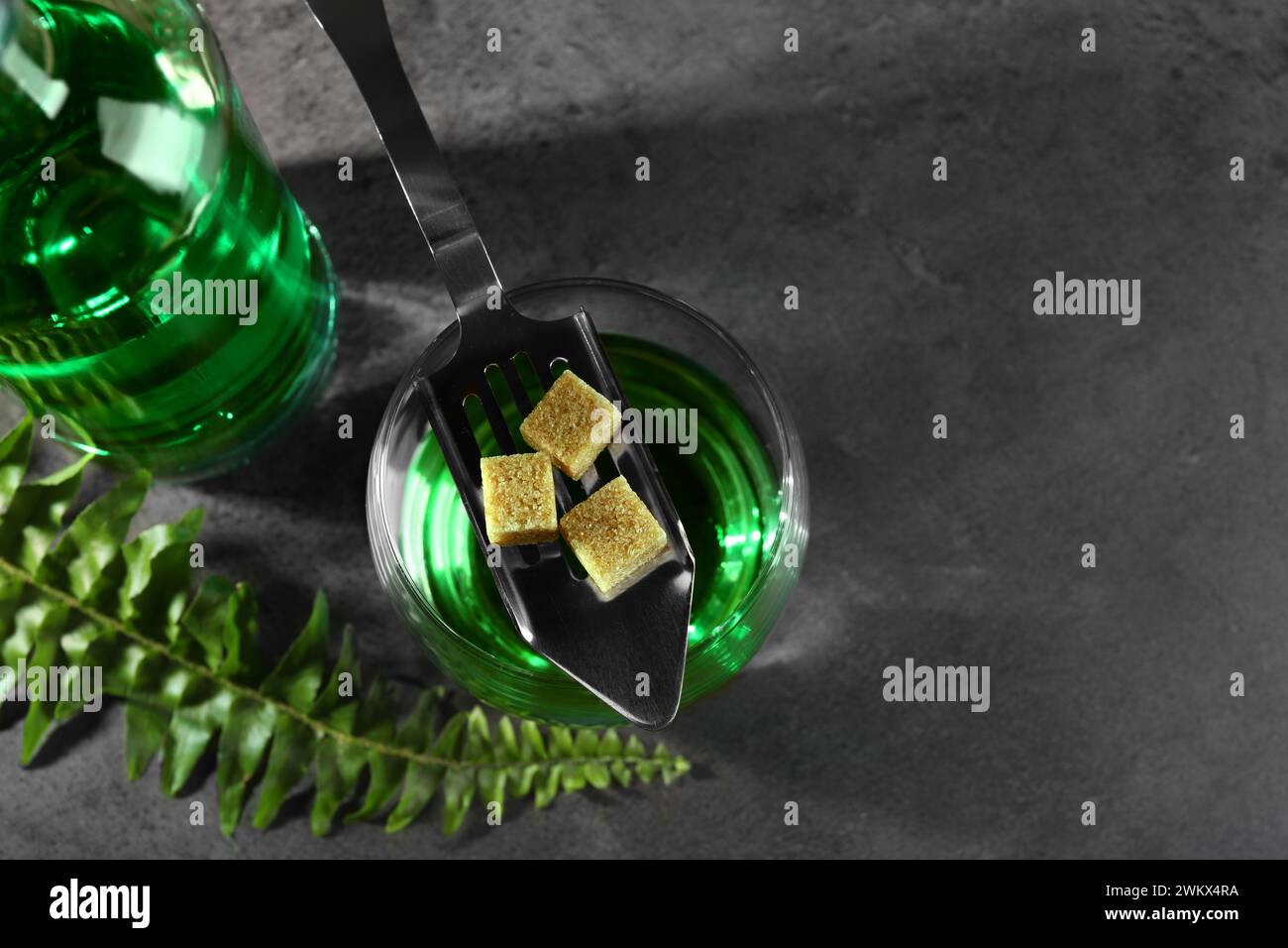 Absinthe in glass, spoon, brown sugar cubes, and fern leaf on gray ...