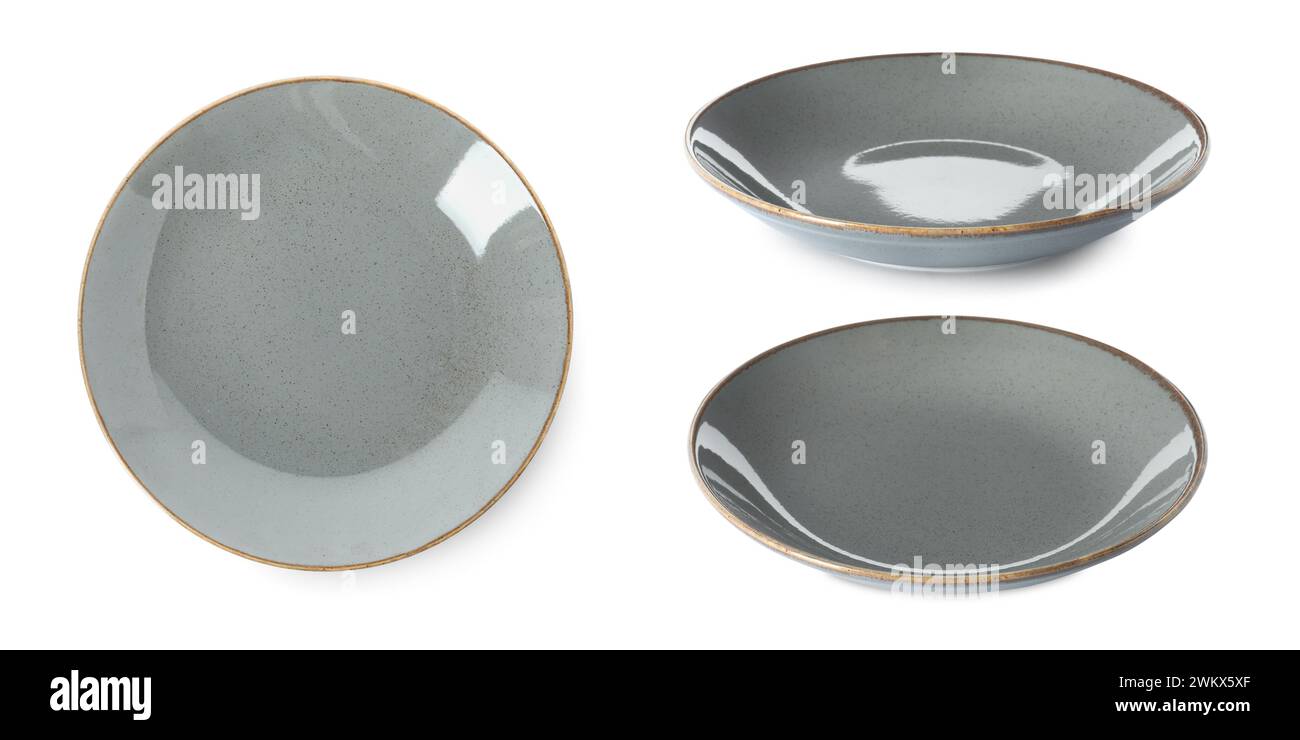 Grey ceramic plate isolated on white, set with different views Stock ...