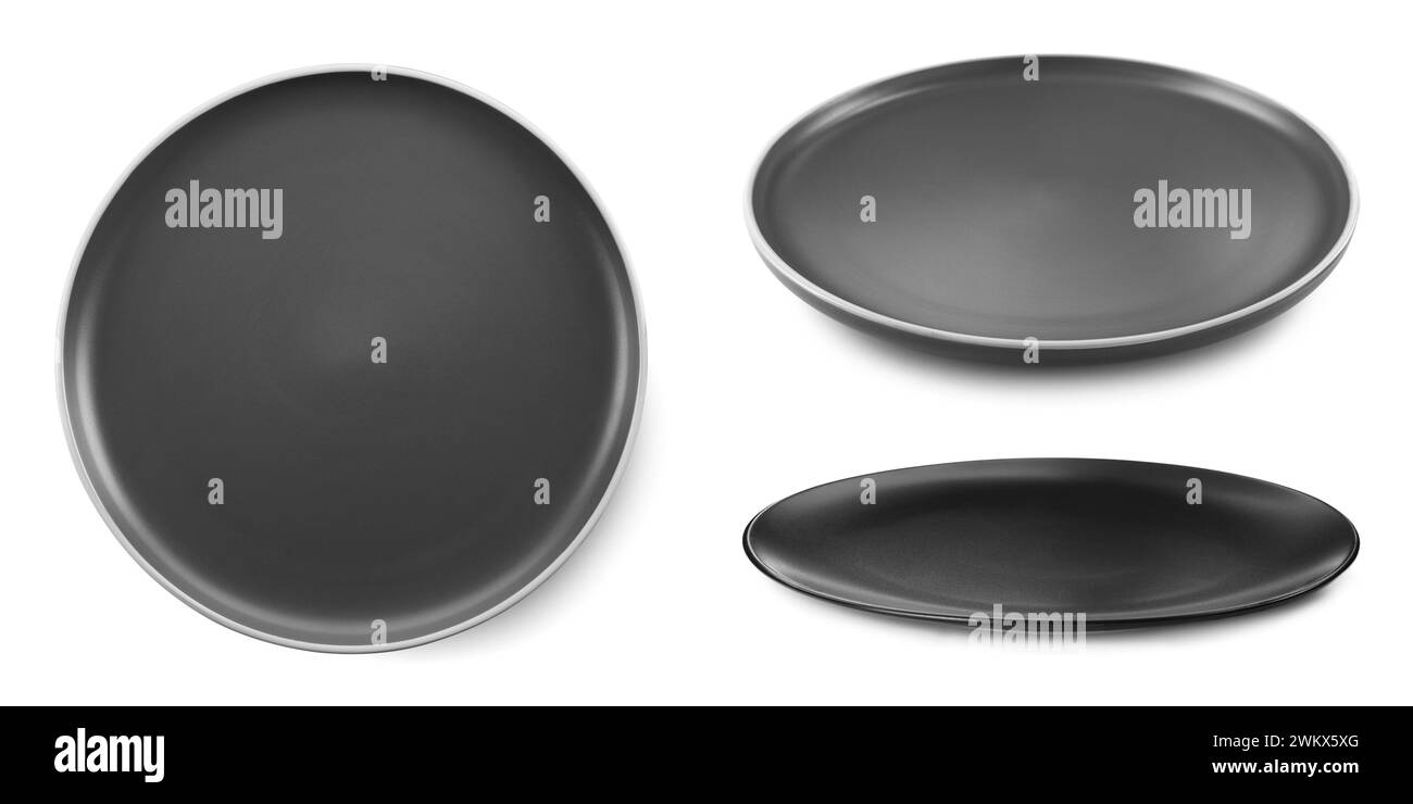 Black ceramic plate isolated on white, set with different views Stock ...