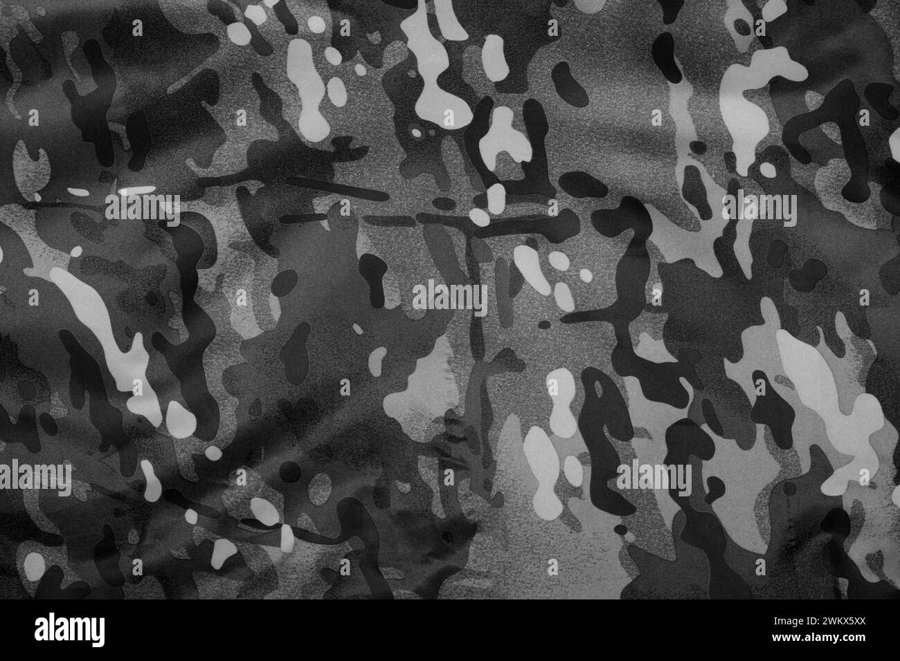 Texture of camouflage fabric as background, top view. Black and white ...