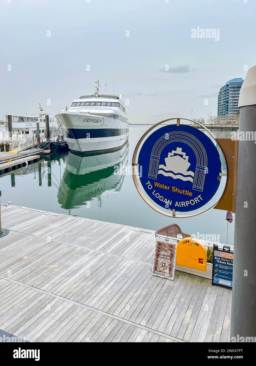 Boston, FEB 17 2024 - Close up shot of the water shuttle sign traveling ...
