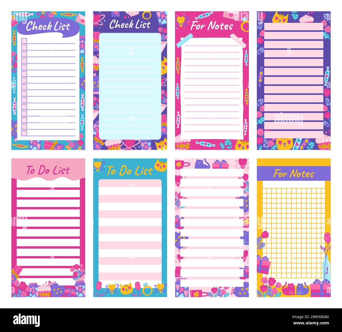 Notepaper to do list page, lined or grid Notepad set with Valentines ...